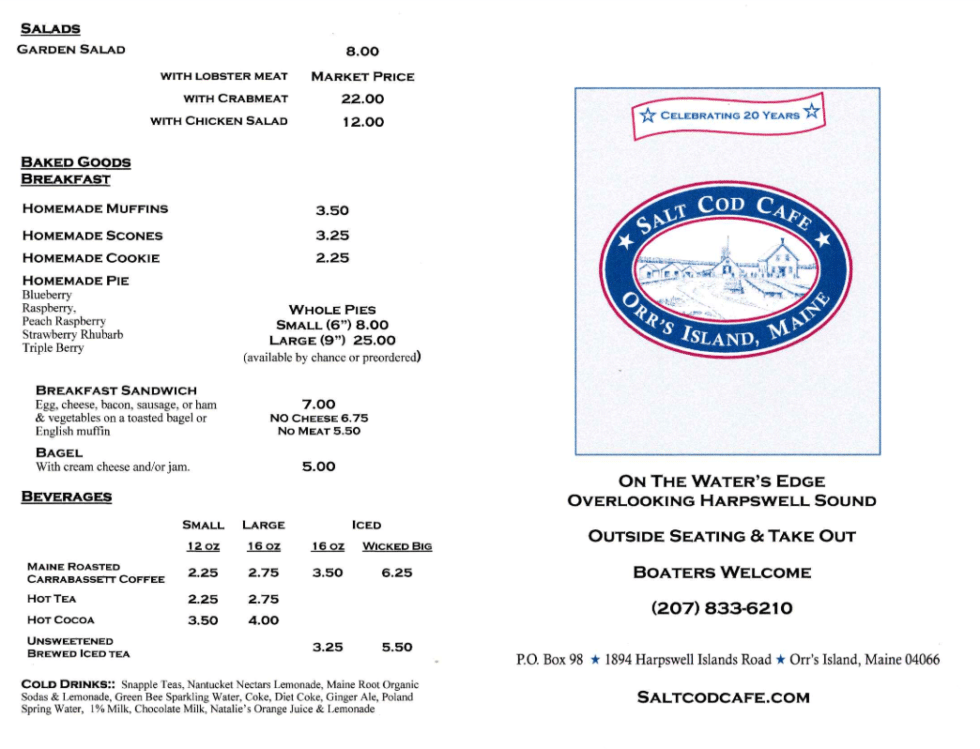 Salt Cod Cafe Menu (Fresh, Local, Homemade Food) on Orrs Island, ME